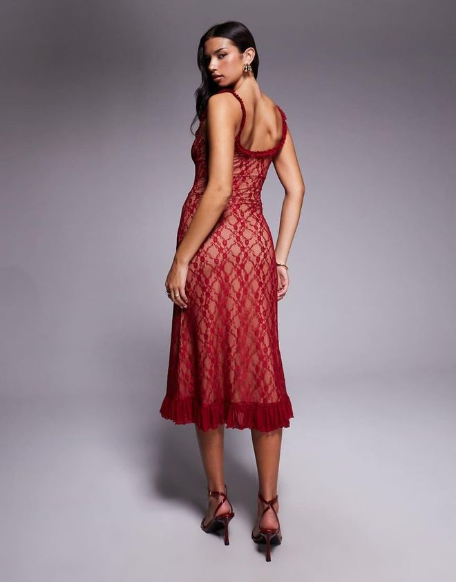 Tiger Mist Deja - Midikleid aus Spitze in Rot im 90er-Style mit ...