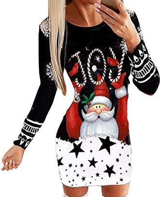 Onsoyours Noël Robe Femme Party Manches Longues Col Rond Imprimé Neige Mini Robes Retro Automne Hiver Bodycon Sexy Pull Robe de Fête B Noir 02 XL