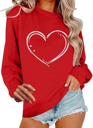 Generic Sweat-shirt rouge &agrave; imprim&eacute; romantique pour femme, doux &agrave; manches longues, confortable, haut pour tous les jours, haut l&eacute;ger &agrave; manches longues, tuniqu