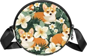 Generic Sac &agrave; bandouli&egrave;re rond pour femme, motif fleurs Corgi, petit sac &agrave; bandouli&egrave;re avec fermeture &eacute;clair, bretelles r&eacute;glables, sac &agrave; main rond d&eacute;contract&eacute;