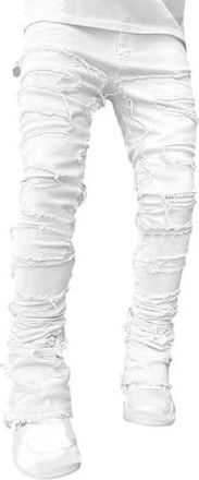 Generic Jean Homme Slim, d&eacute;chir&eacute;, Effet us&eacute;, Style Hip hop d&eacute;contract&eacute; Streetwear, Blanc, Taille XXL