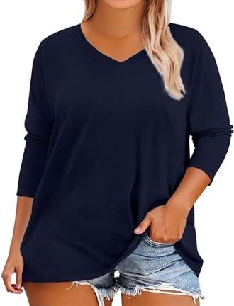 Generic Chemise unie à manches longues pour femme, grande taille, col en V, haut à manches courtes, t-shirt dété décontracté, coupe ample, vêtements pour la v