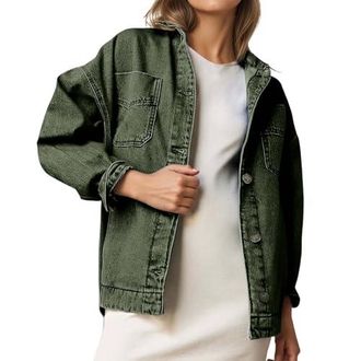 Generic 2026 Vestes en jean pour femmes, veste surdimensionn&eacute;e, boutonn&eacute;e, manches longues, en denim zimbaplatinum, Vert, XL