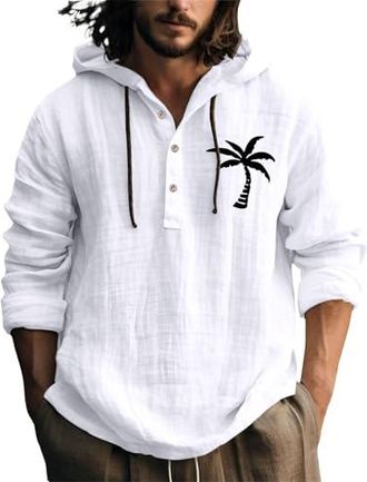 Generic Chemise en lin pour homme - Coton et lin - Sweat &agrave; capuche - Boutonni&egrave;re - Manches longues - Sweat-shirt l&eacute;ger et respirant - Chemise d&eacute;t&eacute; surdimensio