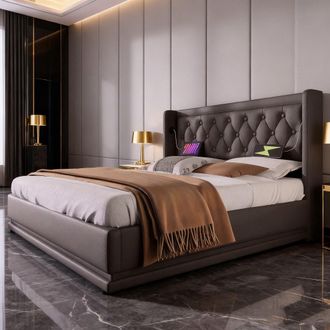 Generic Innovatives Premium-Bett mit 3-seitiger LED-Beleuchtung - 160x200 cm in Schwarz (PU) mit Hydraulik & USB-C - Moderner Schlafkomfort ohne Matratze