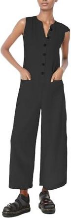 Generic Combinaison d&eacute;t&eacute; sans manches pour femme avec boutons et col en V - Jambes larges - En coton et lin, Noir, S