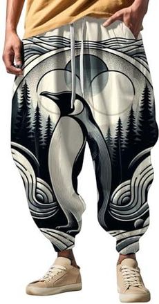 Generic Pantalon sarouel en lin imprim&eacute; pour homme - Pantalon slim avec imprim&eacute; amusant - Pantalon de loisirs - Taille &eacute;lastique - Pantalon de yoga respirant 