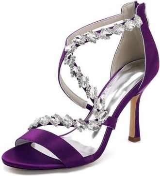 Generic Sandales &Agrave; Talons Hauts Femmes Mari&eacute;e Satin Open Toestylet Talons Et&eacute; Talon Mariage Soir&eacute;e Chaussures Femmes 9.5Cm,Dark Purple,39 EU