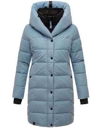 Navahoo Damen Wintermantel warmer Steppmantel lang mit Kapuze und abnehmbarem Fleece-Kragen Knutschilein Powder Blue Gr. 3XL