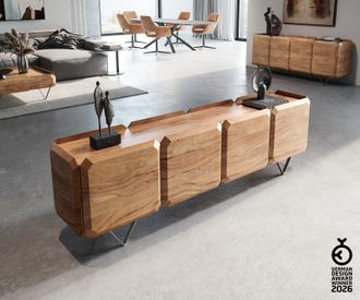 DELIFE Lowboard Kiano 200 cm Akazie Natur 4 T&uuml;ren V-Fu&szlig; Edelstahl Raumteiler, Fernsehtische