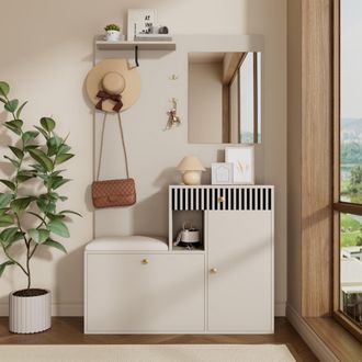 Merax Garderobenset 110x185,5x37 cm, Kompaktgarderobe mit Schuhschrank, Spiegel & Polsterkissen, Flurgarderobe Schrank mit Schubladen & verstellbaren Regale