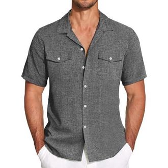 Generic Chemise d&eacute;contract&eacute;e &agrave; manches courtes en lin pour homme - Couleur unie - Avec poche - Style western, gris fonc&eacute;, 4XL