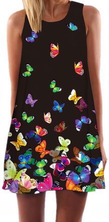 Ocean Plus Damen &Auml;rmelloses Minikleid Digitaldruck Strandkleid Sommerkleid Tank Tops Rundhals Kurz A-Line Hemdkleid Blusekleid (XXL (EU 42-44), Bunte Schmetterli