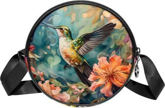Generic Petit sac &agrave; bandouli&egrave;re rond pour femme, motif colibri floral avec fermeture &eacute;clair, bretelles r&eacute;glables, sac &agrave; main rond d&eacute;contract&eacute; pour femmes et f