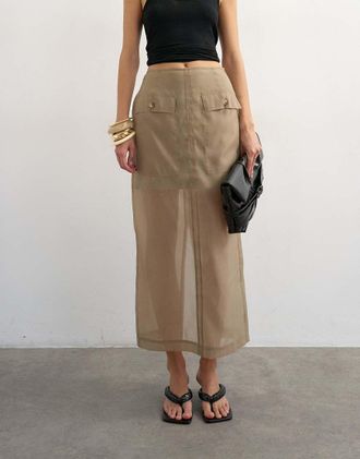 Topshop Jupe colonne longue en organza avec poches - Marron vison