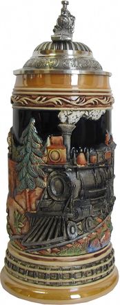 King Eisenbahn Bierkrug, kobalt, bunt, mit Zinn-Eisenbahndeckel, 0,5 Liter Bierseidel