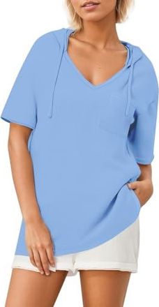 Generico Pull d&eacute;t&eacute; &agrave; manches longues pour femme avec capuche et col en V, B Bleu, XXL
