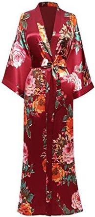 Babeyond Coucoland Kimono Robe de chambre longue en satin pour femme Peignoir pour femme Motif fleurs - Taille Unique (Vin Rouge)
