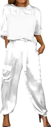 Generic Ensemble Haut et Pantalon en Satin Lisse pour Femme, Tenue décontractée en Satin 2 pièces, Jogging à Manches Courtes, Ensemble Femme Chic et Elegant, 