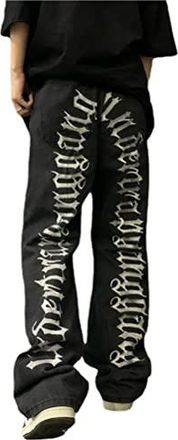 Onsoyours Homme Jeans Droit Patchwork Couleur Bloc Denim Pantalon Vintage Baggy Hip Hop Straight Leg Pants Taille Haute en Détresse Trouser Streetwear E Noir XS