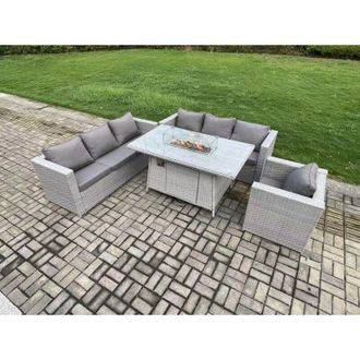 Fimous 7-Sitzer Polyrattan Gartenm&ouml;bel Set mit 2 Sofa, Gas Feuertisch und Sessel Outdoor Terrassen Essgruppe Helles Grau - Fimous