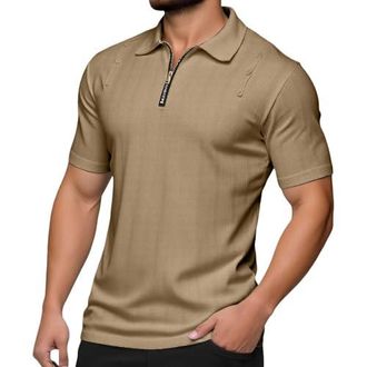 Generic Polo d&eacute;t&eacute; pour homme - Couleur unie - Fermeture &eacute;clair - Manches courtes - Confortable, kaki, XXL