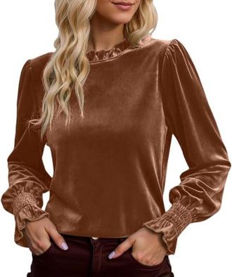 Generico Chemisier d&eacute;contract&eacute; en velours &eacute;l&eacute;gant pour femme, chemisier &eacute;l&eacute;gant en mousseline de soie unie avec col roul&eacute; et manches bouffantes avec volants, c