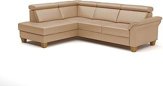 Cavadore Leder-Schlafcouch Ammerland mit Ottomane / Landhaus-Sofa mit Federkern, Bett, Bettkasten + Kopfteilverstellung / 245 x 84 x 194 / Leder Beige