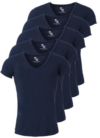 Young & Rich Herren Uni T-Shirt mit extra tiefem V-Ausschnitt Slimfit Stretch Dehnbare Passform einfarbiges Basic Shirt - 5er Pack, Gr&ouml;sse:XXL, Farbe:Dunkelblau