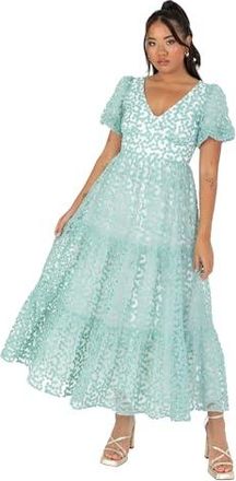 Maya Womens Ladies Midi Dress V-Neck Short Puff Sleeves Keyhole Back Floral Embroidery Tie Bow A-Line for Wedding Guest Prom, Vert Menthe, 44