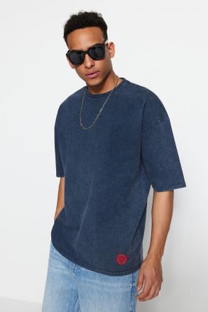 Trendyol MAN Jungen Blau Slogan Kurz Oversize T-Shirts