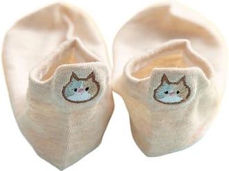 Generico Chaussettes de cheville avec broderie chat de dessin anim&eacute;, chaussettes d&eacute;collet&eacute;es pour femme, 5 Pairs Beige, Taille Unique