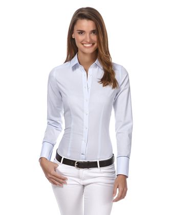 Vincenzo Boretti Damen Bluse leicht tailliert 100% Baumwolle bügelleicht Langarm Hemdbluse elegant festlich Kent-Kragen auch für Business und unter Pullover eisblau 40