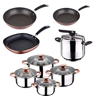 San Ignacio Moma Schnellkochtopf-Set, 7 l, Düne + Batterie, 8 Stück SIP + 3 Pfannen + Grill 28, Chrom