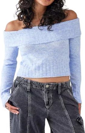 ORANDESIGNE Pull &agrave; &Eacute;paules Larges pour Femme Sexy Manche Longue Ample Pullover Hiver Chaud Tricot Tops Vetement Tricot&eacute; Chic E Bleu Clair L