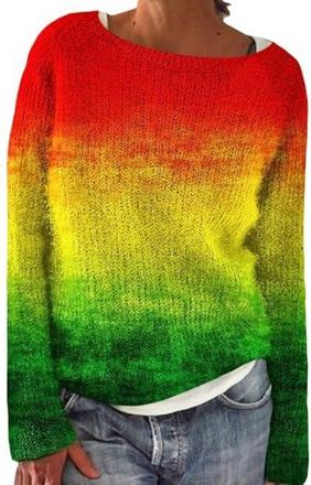 Generic Pull vintage en tricot au crochet pour femme - Couleur dégradée - Col bateau surdimensionné - Manches longues - Léger - Tricot côtelé - Chemisier bohè