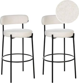 Beliani Barstuhl 2er Set Weiß Bouclé-Bezug und Metall mit Lehne Fußstützen Modernes Design Sitzmöbel Wohnzommer Küche Bar Wohnküche Ausstattung
