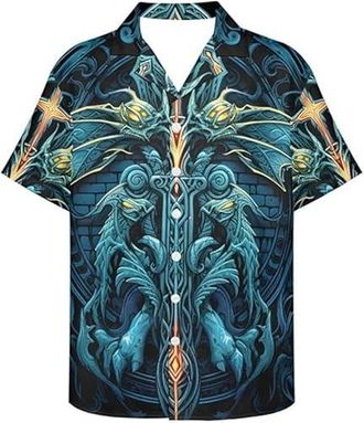 Keephen Viking Impression 3D Chemise &agrave; Boutons Manches Courtes Nouveaut&eacute; Viking Animal Chemise Hawaiienne Vacances &Eacute;t&eacute; Plage Haut