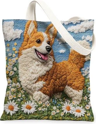 Generic Sac fourre-tout en toile motif chien corgi printanier 33 x 38,1 cm, style tricot&eacute;, sac d&eacute;picerie r&eacute;utilisable pour femme, animal domestique, plage, es