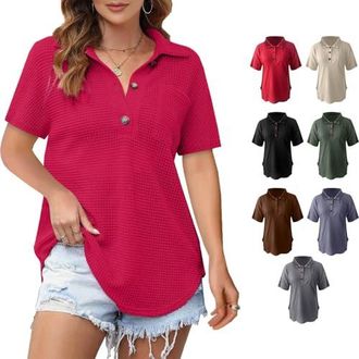 Generic Tunique Henley &agrave; manches courtes en tricot gaufr&eacute; pour femme, manches courtes, col en V, couleur unie, tunique d&eacute;contract&eacute;e 2025, rose rouge, XXL