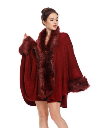 ZLYC Damen Winter Kunstpelz Poncho Cape Warm Umhang Faux Fur Kragen M&auml;ntel Strickjacke(Jujube rot)
