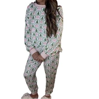 Generic Ensemble de pyjama 2 pièces avec sapins de Noël et noeuds, manches longues et pantalon, pour femmes, ensemble de pyjama de Noël mignon décontracté pou