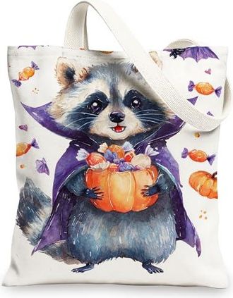 Generic Sacs fourre-tout en toile de raton laveur, adorables sacs dépicerie réutilisables, légers et lavables avec bandoulière en toile Ba, blanc, 13x15 Inch