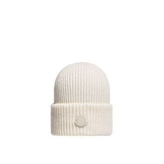 Moncler Moncler Bonnet En Cachemire Avec Logo En Cuir, Homme, Blanc, Taille: Uni