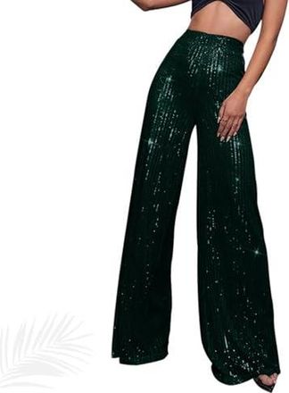 Generic Pantalon palazzo taille haute &agrave; paillettes pour femme - Pantalon de f&ecirc;te scintillant, vert fonc&eacute;, XL