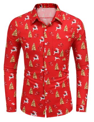 Coofandy Weihnachtshemd Herren Langarm Hemden Gedruckte Weihnachten Hemd Christmas Shirt Freizeithemd Festival Hemden f&uuml;r M&auml;nner Rot XXL