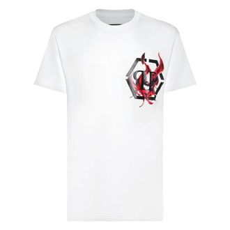 Philipp Plein Homme, Tops, Blanc, Taille: 3XL T-Shirt Col Rond Flame