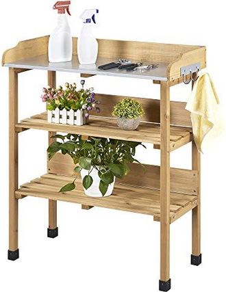 Yaheetech Pflanztisch Outdoor wetterfest, G&auml;rtnertisch 77 x 37 x 90 cm mit verzinkter Arbeitsplatte & 2 Ablagef&auml;cher & 3 Haken Blumentisch aus Tannenholz f&uuml;r Ga