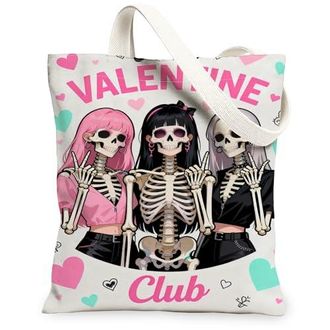 Generic Sacs fourre-tout en toile squelette de Saint-Valentin, motif t&ecirc;te de mort mignon, sacs &agrave; provisions r&eacute;utilisables, l&eacute;gers et lavables avec bandouli&egrave;re