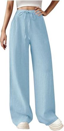 Generic Pantalon en coton et lin pour femme - Taille haute - Jambe large - Coupe d&eacute;contract&eacute;e - Taille &eacute;lastique - Pantalon de surv&ecirc;tement uni &agrave; enfiler - Ave